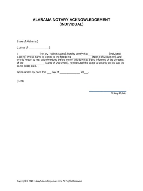 Alabama Notary Acknowledgement Form Blank Fillable Template Fill