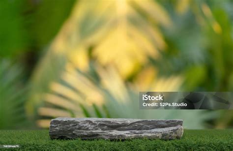 야외 잔디밭에 있는 돌 연단 탁상 바닥은 녹색 잎 열대 우림 식물 자연 배경을 흐리게 합니다 아름다움 화장품 천연 제품 배치 받침대 디스플레이 정글 여름 개념 받침대에 대한