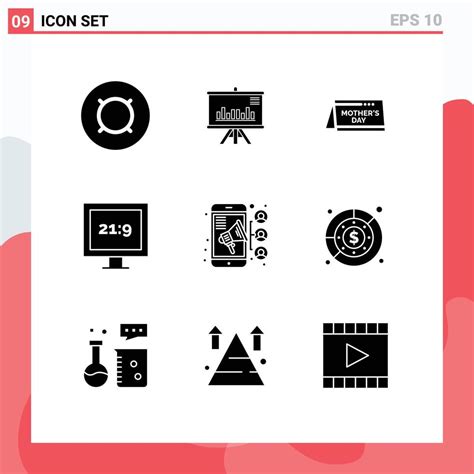 Set Of 9 Vector Solid Glyphs On Grid For Teamwork Connection Calendar Tv Aspect Ratio Editable