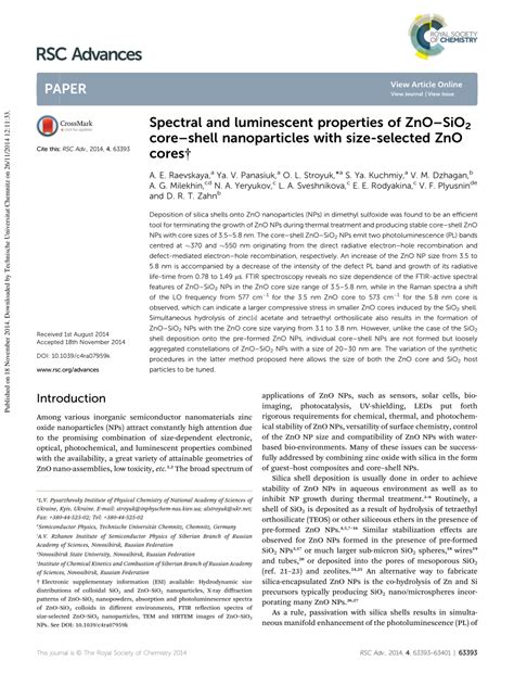 Pdf Spectral And Luminescent Properties Of Zno Sio2 Core Shell Nanoparticles With Size
