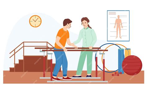 실내 풍경과 보조 벡터 일러스트레이션을 사용하여 평행 막대에서 연습하는 남자가 있는 정형 치료 재활 평면 구성 프리미엄 벡터