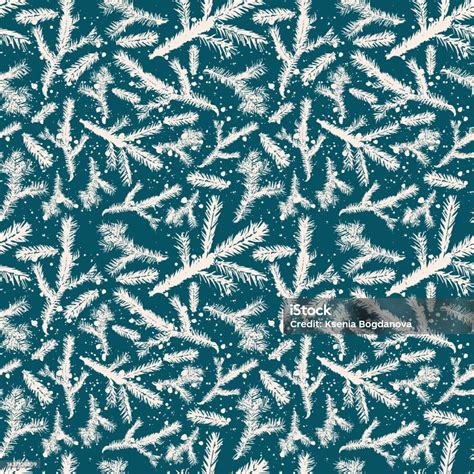 원활한 가문비 나무 분기 패턴입니다 매끄러운 가문비나무 분기는 파란색 배경에 흰색으로 눈송이가 있는 벡터입니다 직물 또는 포장지에 인쇄하기 위한 크리스마스 패턴입니다 가문비
