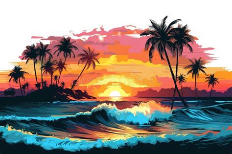 Drawing Of A Beach With The Sea And Palm Trees At Sunset Generated By AI Stock Illustration