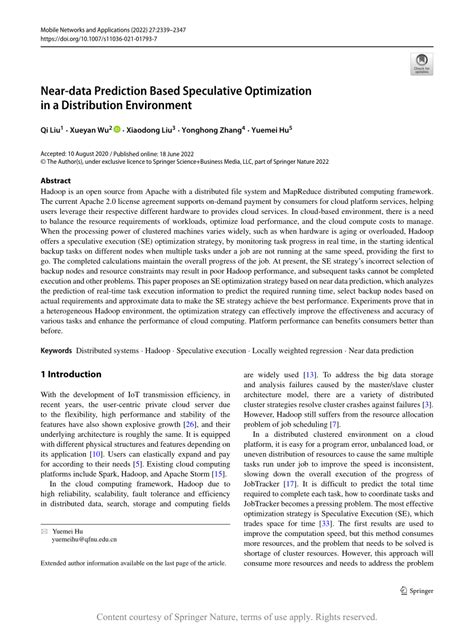 Near Data Prediction Based Speculative Optimization In A Distribution Environment Request Pdf
