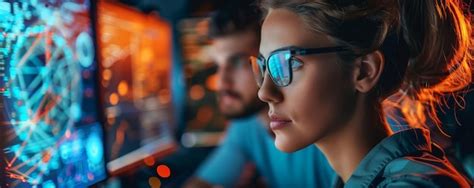 Focused Woman Analyzing Data On Computer Screens In A Modern Office