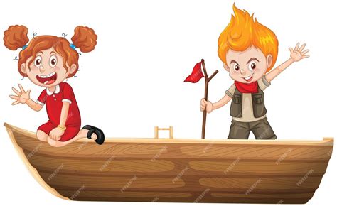 소년과 소녀 흰색 배경에 보트에 앉아 무료 벡터
