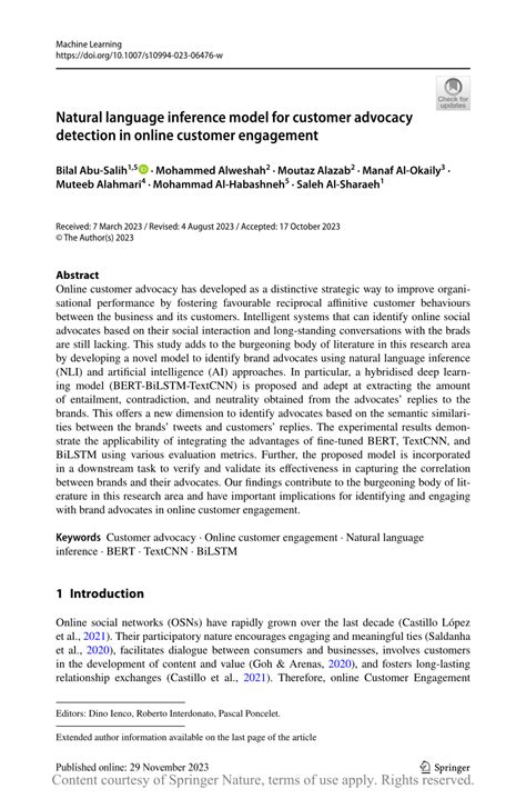 Pdf Natural Language Inference Model For Customer Advocacy Detection In Online Customer Engagement