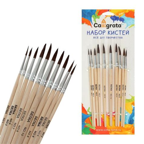 Набор художественных кистей БЕЛКА круглые 10 штук для акварели гуаши темперы школьные