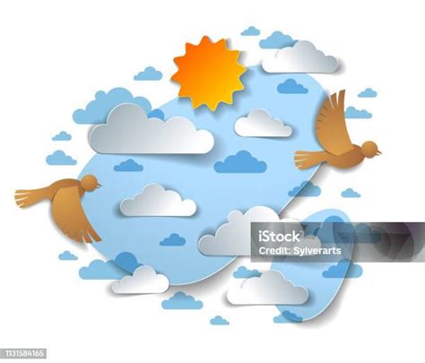 아름 다운 구름과 태양 여름 Cloudscape 종이 컷 아이 스타일에서 벡터 일러스트 레이 션 중 하늘에서 비행 하는 새 3차원 형태에 대한 스톡 벡터 아트 및 기타