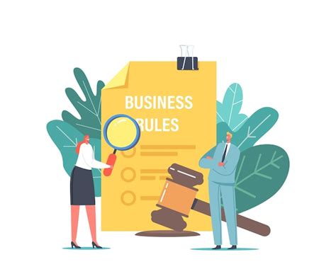 작은 문자는 기업 규정 준수 규칙 방문 페이지 템플릿을 읽습니다 비즈니스 법률 규정 및 표준 윤리적 관행 회사 조건의 표현 만화 사람들 벡터 일러스트 레이 션