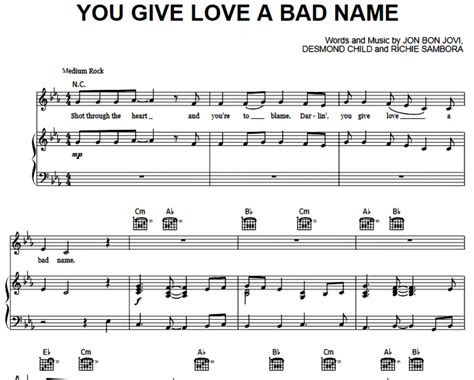 Bon Jovi You Give Love A Bad Name Free Sheet Music Pdf For Piano