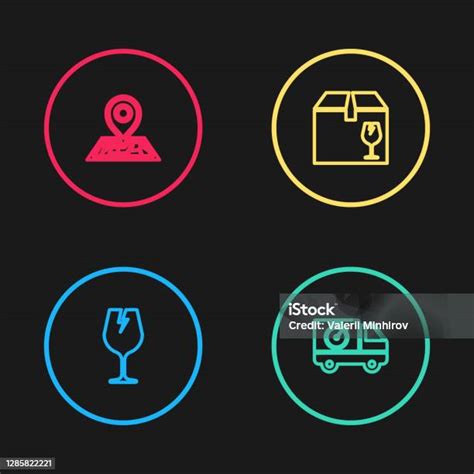 세트 라인 깨지기 쉬운 깨진 유리 배달 트럭과 스톱 워치 깨지기 쉬운 내용과 장소 표시자지도 아이콘 상자 벡터 검은색에 대한