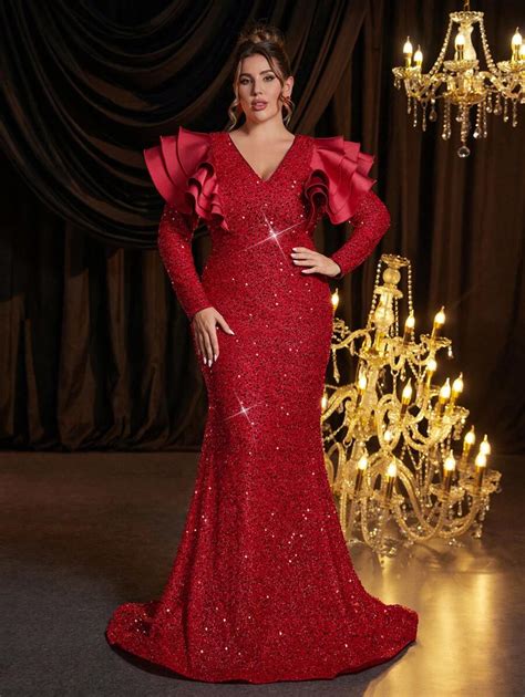 Glamrae Plus Size Elegant V Neck Sequin Formal Maxi Evening Gown