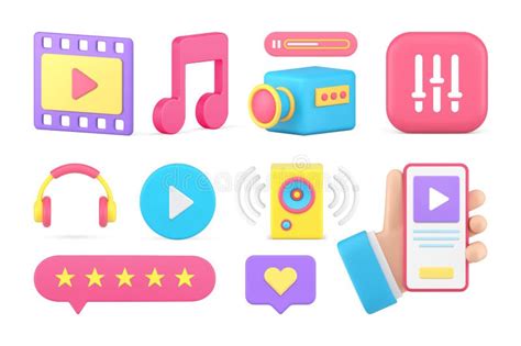 Multimedia Content Social Media Video Audio Play Smartphone Application Set 3d Icon Realistic
