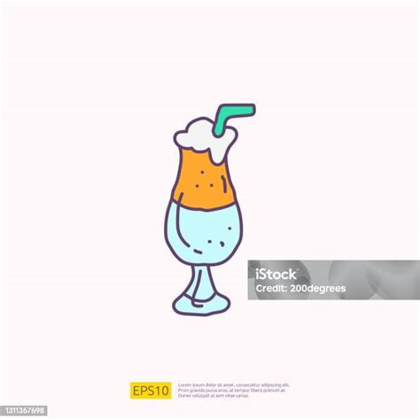 카페 컨셉 벡터 일러스트레이션을 위한 웨이퍼 스틱을 곁들인 안경 커피 칵테일 또는 밀크쉐이크 아이스크림 핸드 드로잉 낙서 채우기 색상 아이콘 기호 기호 0명에 대한 스톡