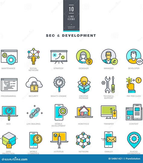 Set Of Line Modern Color Icons For Seo And Web Development Stock Vector Illustration Of
