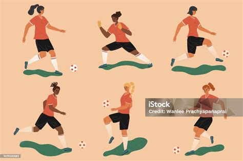 여자 축구 선수는 공 캐릭터 벡터 세트를 제어합니다 여성 축구 선수들은 공으로 인물을 고립시켰다 공을 걷어차고 트릭을 만드는