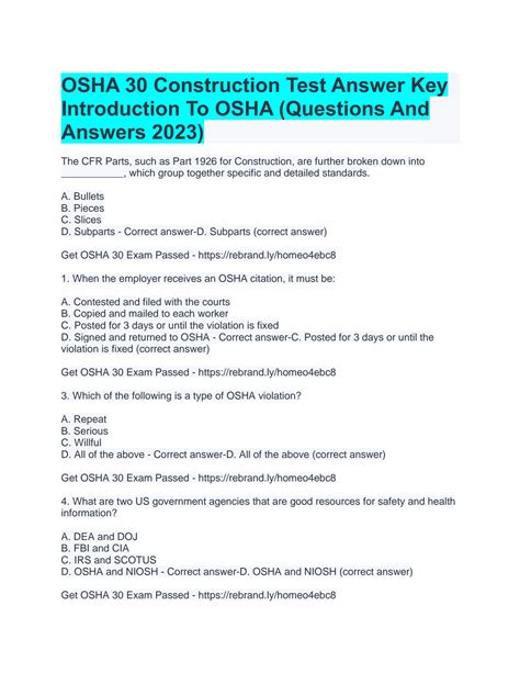 SOLUTION Osha 30 Construction Test Answer Key Introduction To Osha Studypool
