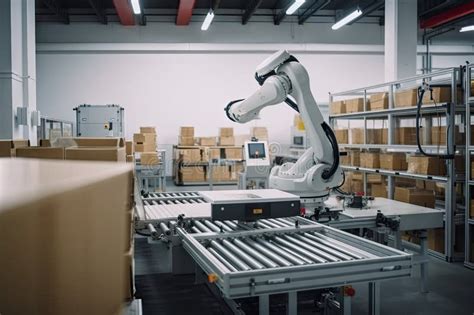 Packaging And Sorting Robot Working In Futuristic Warehouse Surrounded By Colorful Products