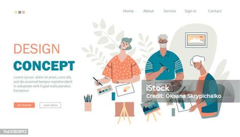 성인 미술 수업 웹 사이트의 방문 페이지 나이든 남자와 여자가 미술 스튜디오에서 그림을 그리는 데 종사하고 있습니다 미술 치료 플랫 스타일 웹 페이지 디자인 벡터