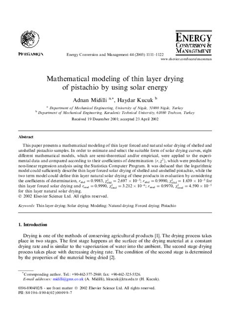 Pdf Mathematical Modeling Of Thin Layer Drying Of Pistachio By Using