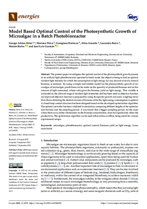 Pdf Model Based Optimal Control Of The Photosynthetic Growth Of Microalgae In A Batch