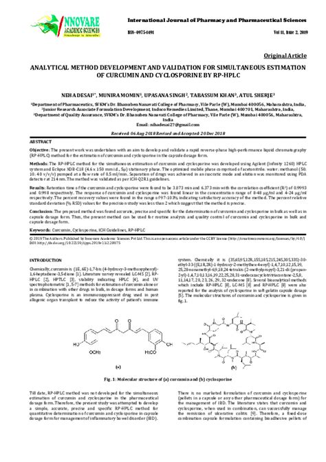 Pdf Analytical Method Development And Validation For Simultaneous Estimation Of Curcumin And