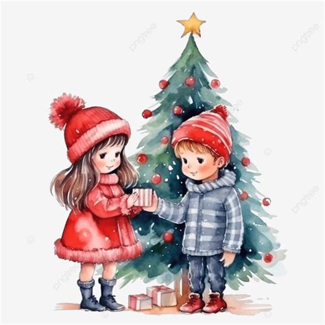 아이들은 밖에서 겨울옷을 입고 크리스마스 트리를 장식한다 겨울 아이들 키즈 트리 어린이 만화 Png 일러스트 및 이미지 에 대한 무료 다운로드 Pngtree