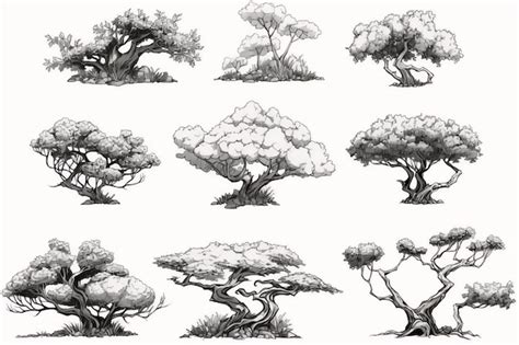Premium Ai Image Minimal Style Cad Tree Line Drawing Side View Set Of Graphics Trees Elements