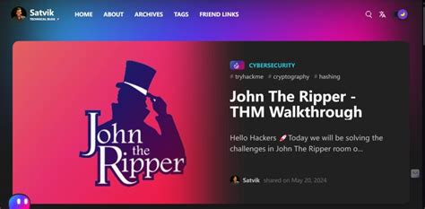 completed john the ripper room on tryhackme satvik vemulapalli posted