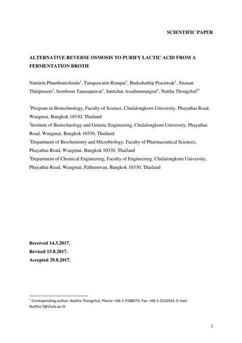 Pdf Alternative Reverse Osmosis To Purify Lactic Acid From A Fermentation Broth