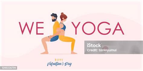 커플 요가 포즈와 해피 발렌타인 데이 배너입니다 건강의 해 파트너 요가 개념발렌타인 데이 장식에 대 한 방문 페이지 디자인 템플릿입니다 2020년에 대한 스톡 벡터 아트 및