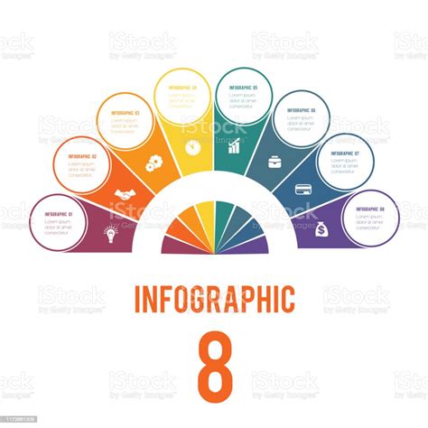 인포 그래픽 개념 순환 프로세스의 요소 워크플로 배너 다이어그램 웹 디자인 타임 라인 영역 차트 번호 옵션에 사용할 수 있습니다 8 위치에 대한 다채로운 반원과 원 리스트에