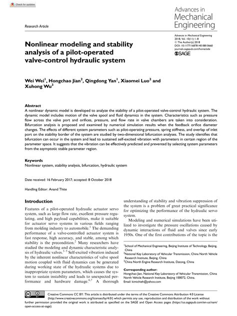 PDF Nonlinear Modeling And Stability Analysis Of A Pilot Operated Valve Control Hydraulic System