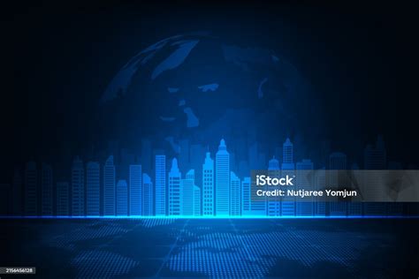 지구본을 가진 벡터 밤 도시 풍경입니다 네트워크 및 통신 사이버 도시 기술 개념 0명에 대한 스톡 벡터 아트 및 기타 이미지 0명 3차원 형태 Cpu Istock