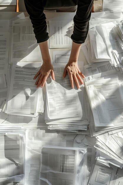 Premium Photo Sorting Cluttered Documents In Bright Workspace