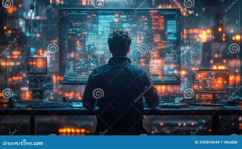 man facing multiple computer screens with glowing data representing cybersecurity analysis