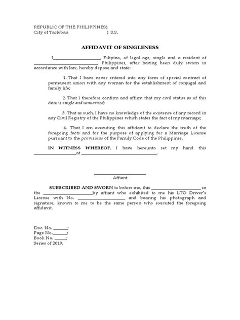 Affidavit Of Singleness Blank Pdf
