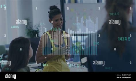 Image Of Statistical Data Processing Against Biracial Woman Talking To Her Colleagues At Office