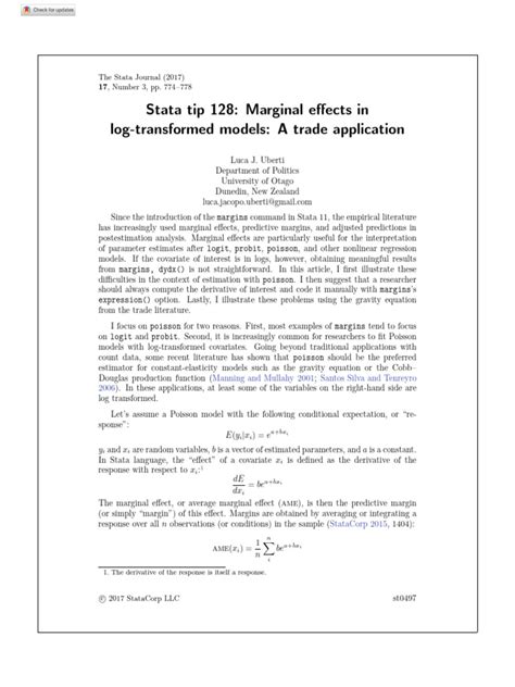Uberti 2017 Stata Tip 128 Marginal Effects In Log Transformed Models A Trade Application Pdf