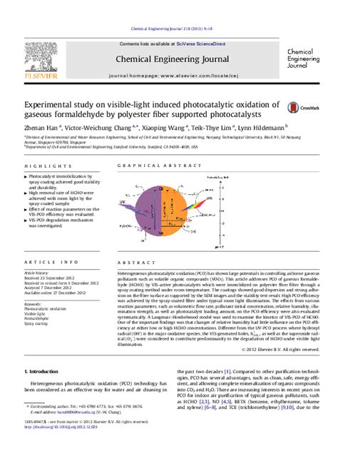 Pdf Visible Light Photocatalytic Oxidation Of Formaldehyde