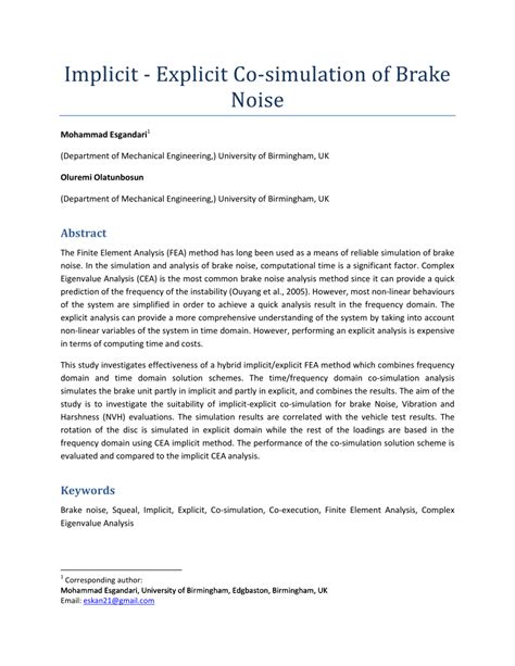 Pdf Implicitexplicit Co Simulation Of Brake Noise