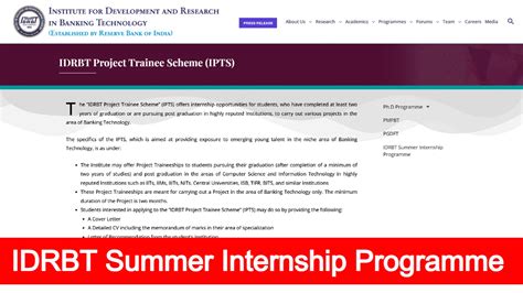 Idrbt Summer Internship 2025 Idrbt Project Trainee Scheme Ipts Application Form Idrbt