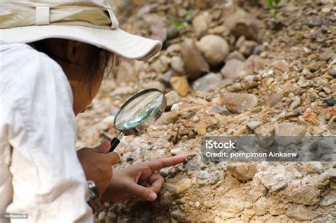 여성 지질학자는 돋보기를 사용하여 자연의 암석 토양 모래를 조사하고 분석합니다 고고학자들이 이 분야를 탐험합니다 환경 및 생태 연구 광업에 대한 스톡 사진 및 기타 이미지