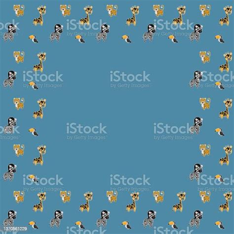 만화 쾌활한 무지개 두칸 표범 기린 얼룩말의 사각형 프레임은 파란색 배경에 스티커와 같은 흰색 윤곽선 텍스트가 있는 템플릿입니다