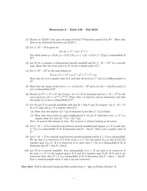10 Questions On Homework 3 For Differentiable Manifolds I Math 549 Docsity