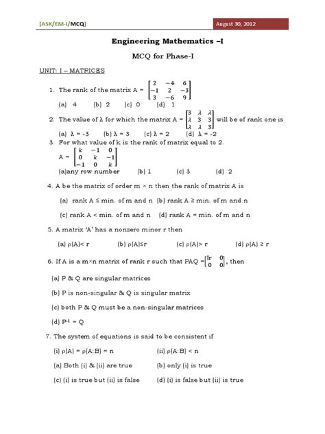Matrix Mcq Download Free Pdf System Of Linear Equations