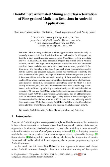 Pdf Droidminer Automated Mining And Characterization Of Fine Grained Malicious Behaviors In