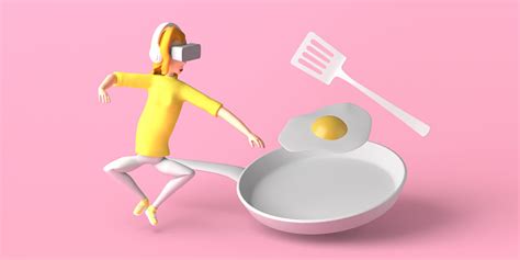 프라이팬과 계란 튀김가상 현실 고글을 사용하여 떠있는 여자 가상 및 인공 식품 공간을 복사합니다 3d 일러스트레이션 만화 가상