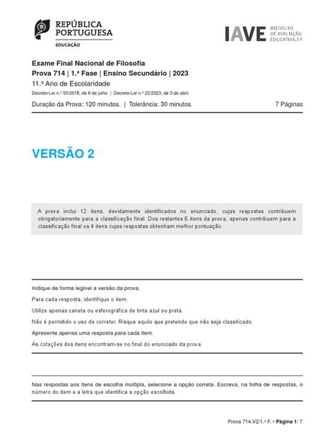 Exame De Filosofia 2023 1 Fase Prova Versão 2 Pdf Argumento
